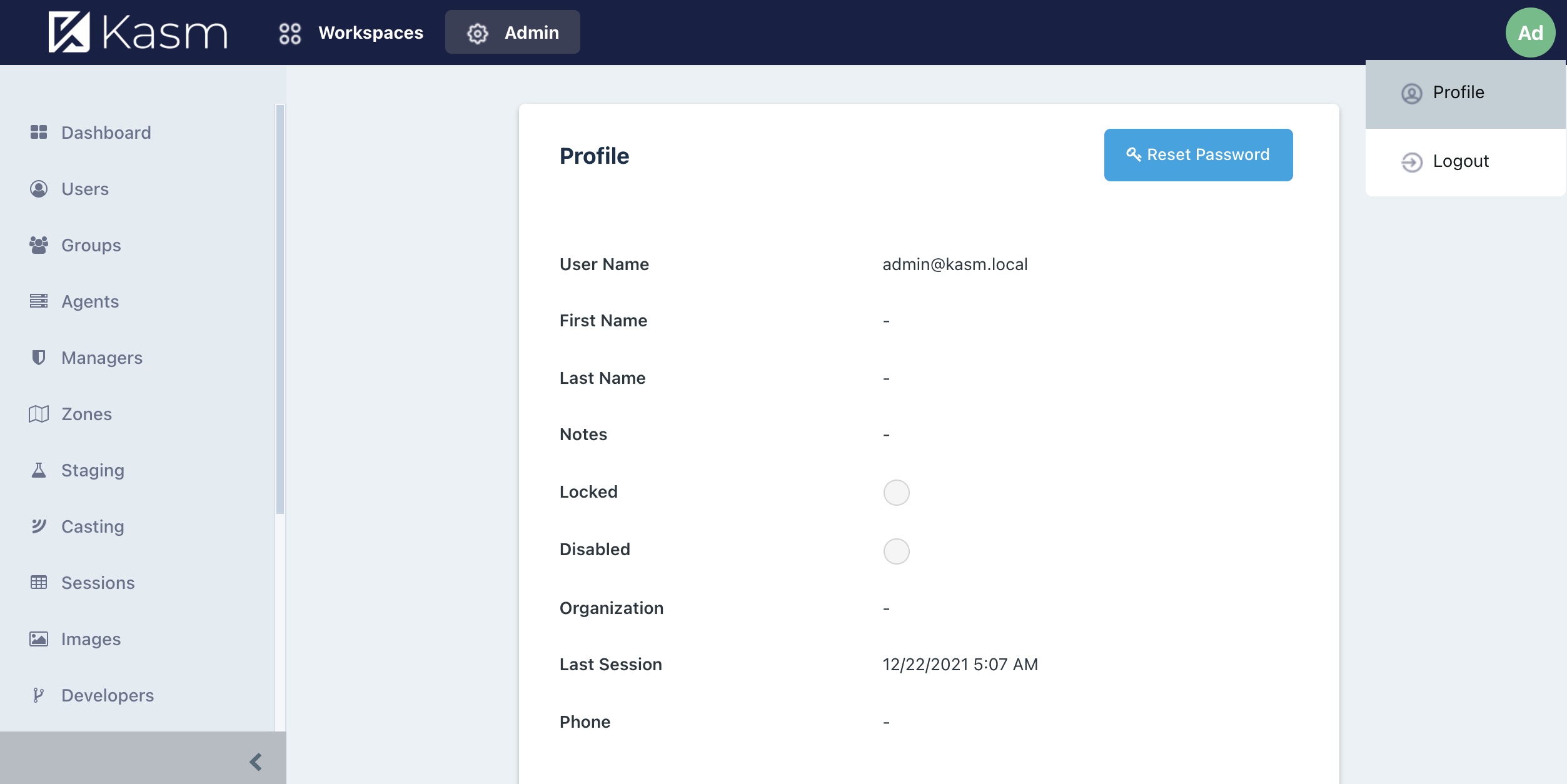 Admin Account Recovery — Kasm 1.12.0 documentation